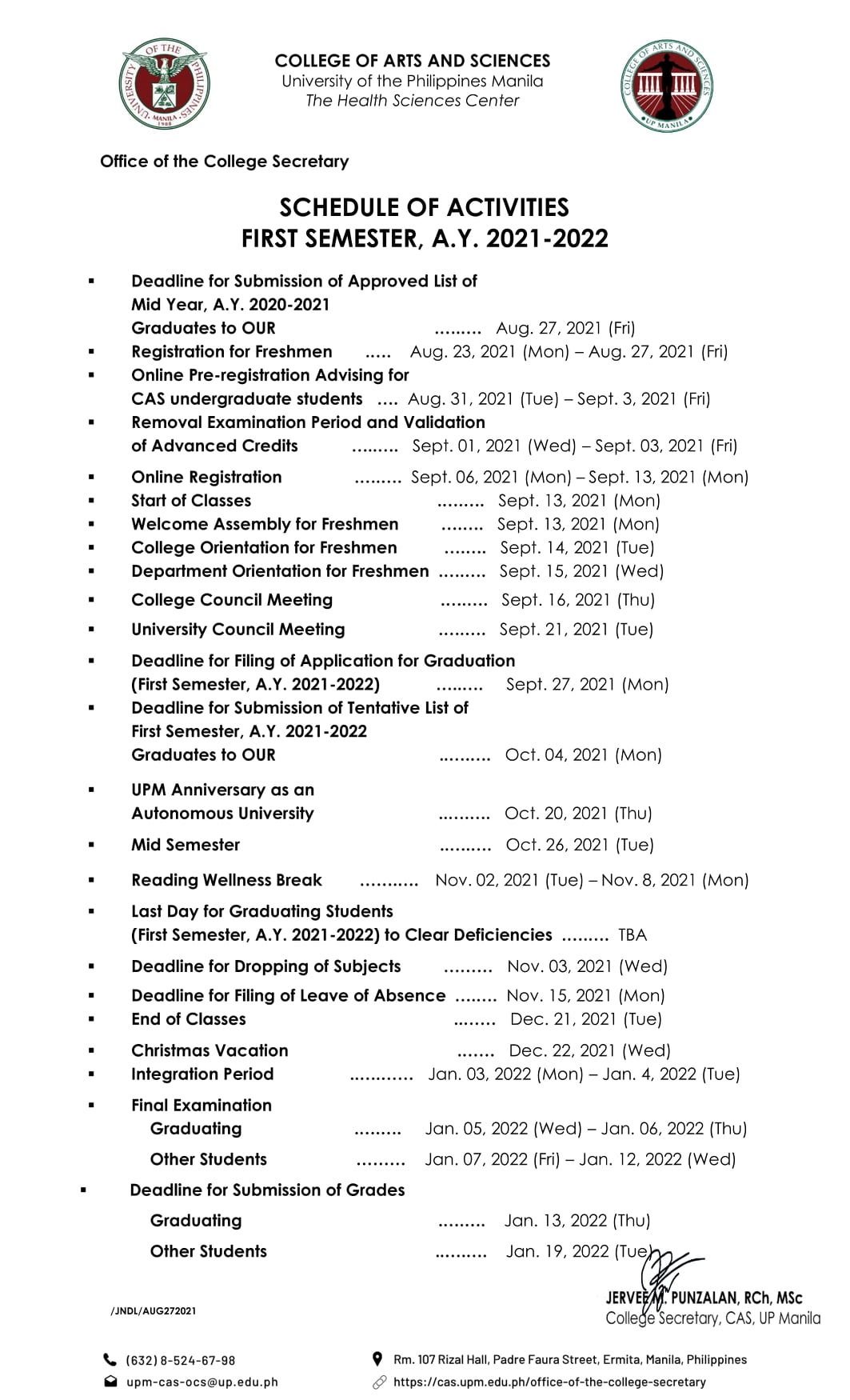 [CAS SCHEDULE OF ACTIVITIES: FIRST SEMESTER, AY. 2021-2022] – College ...